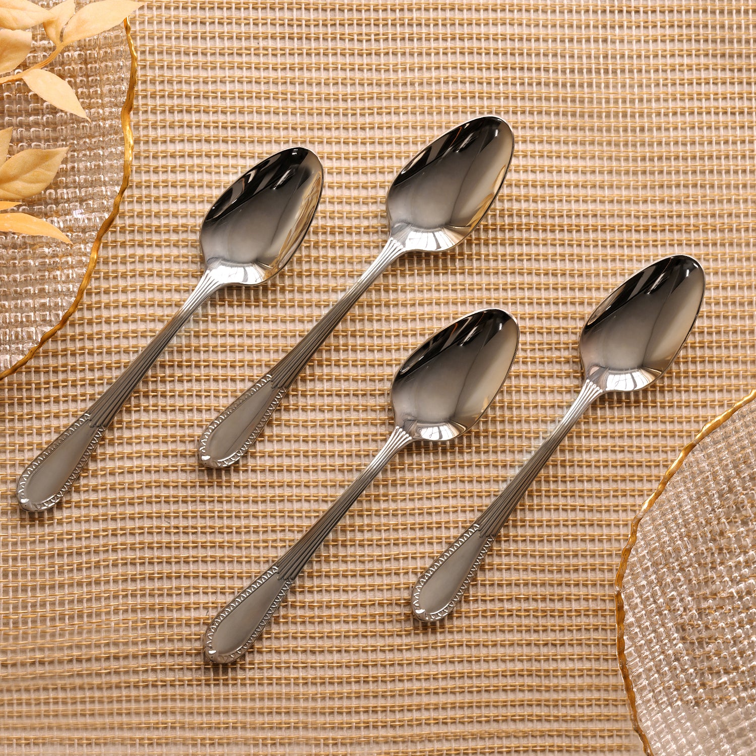 Set Of 4 Silver Steel Dinner Spoons With Embossing