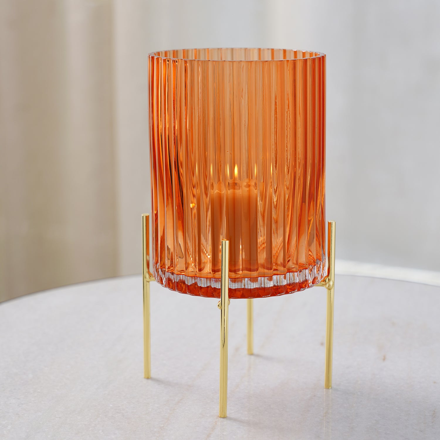 Orange Ribbed Glass Hurricane with Stand - Large
