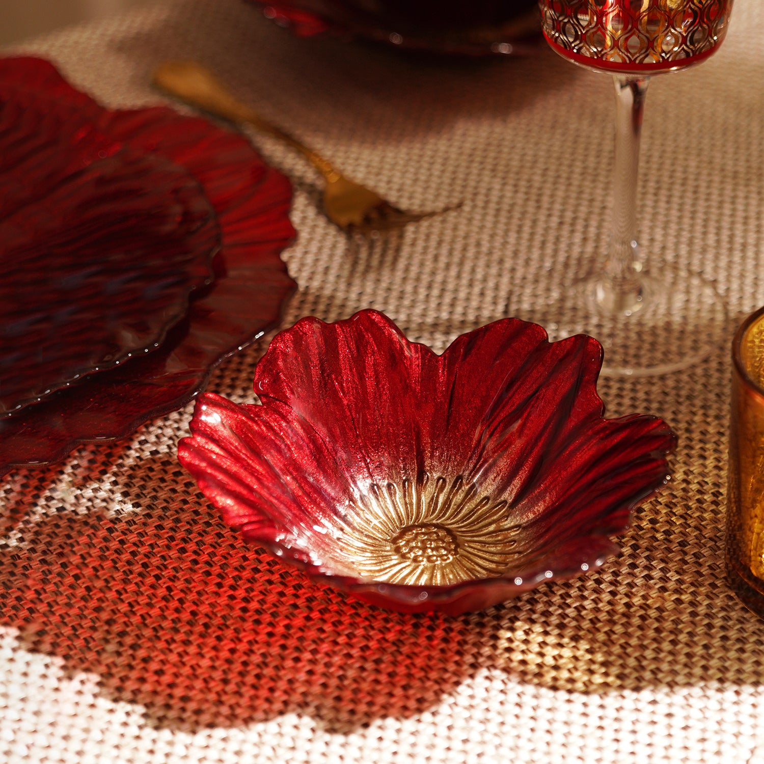 Set of 2 Red Floral Shaped Glass Small Bowls