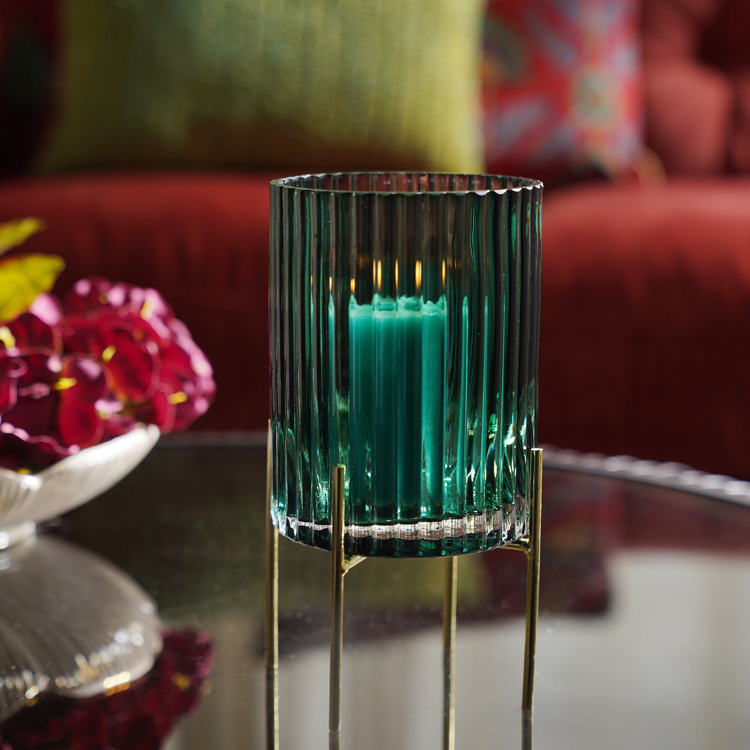 Dark Green Ribbed Glass Hurricane with Metal Stand - Large