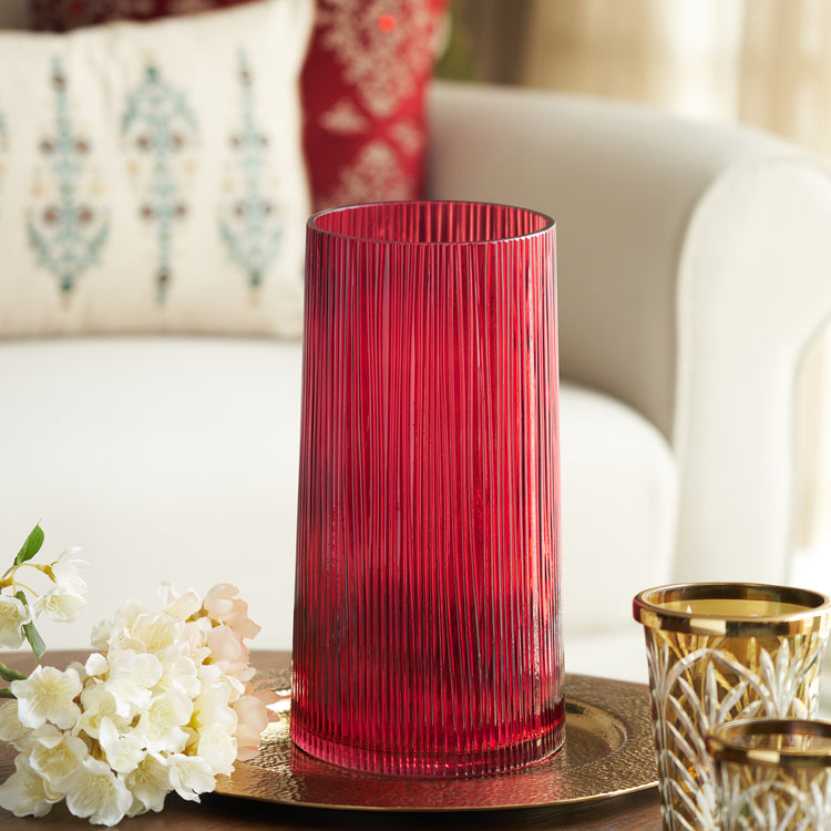 Shop Red Ribbed Textured Glass Vase - Large - at Best Price Online in India