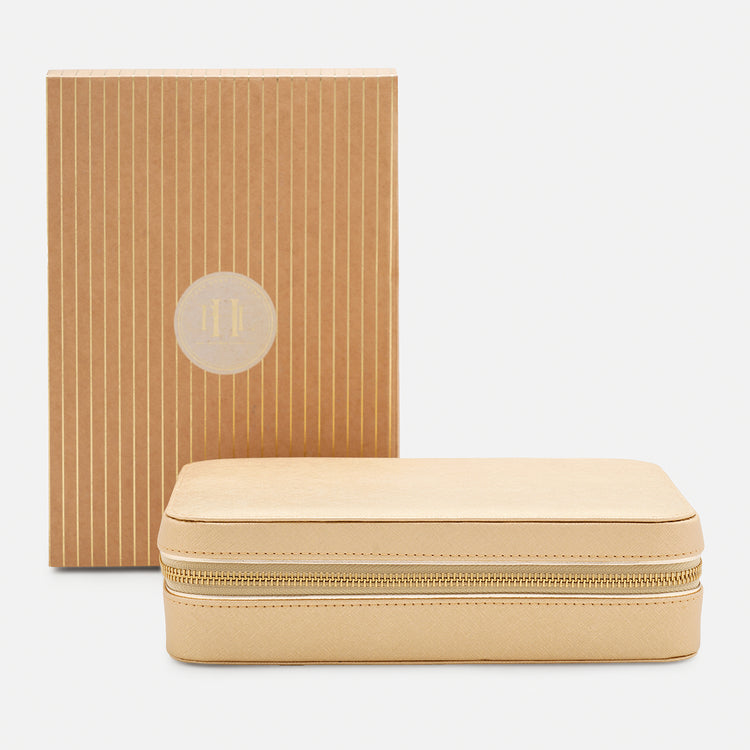 Gold Rectangle Faux Leather Travel Jewellery Box