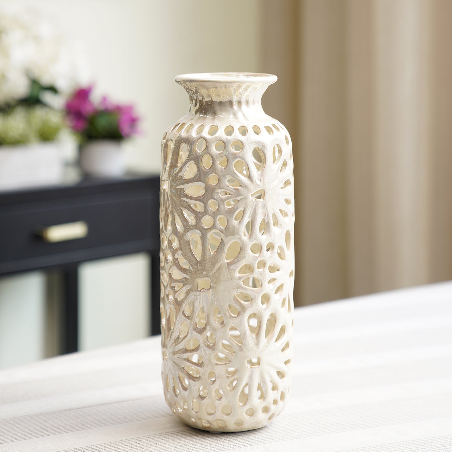 Ivory Floral Pattern Cut Out Ceramic Vase - Large
