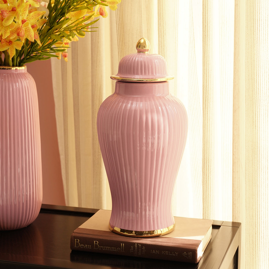 Shop Light Pink Ribbed Ceramic Urn with Lid - Small - at Best Price ...