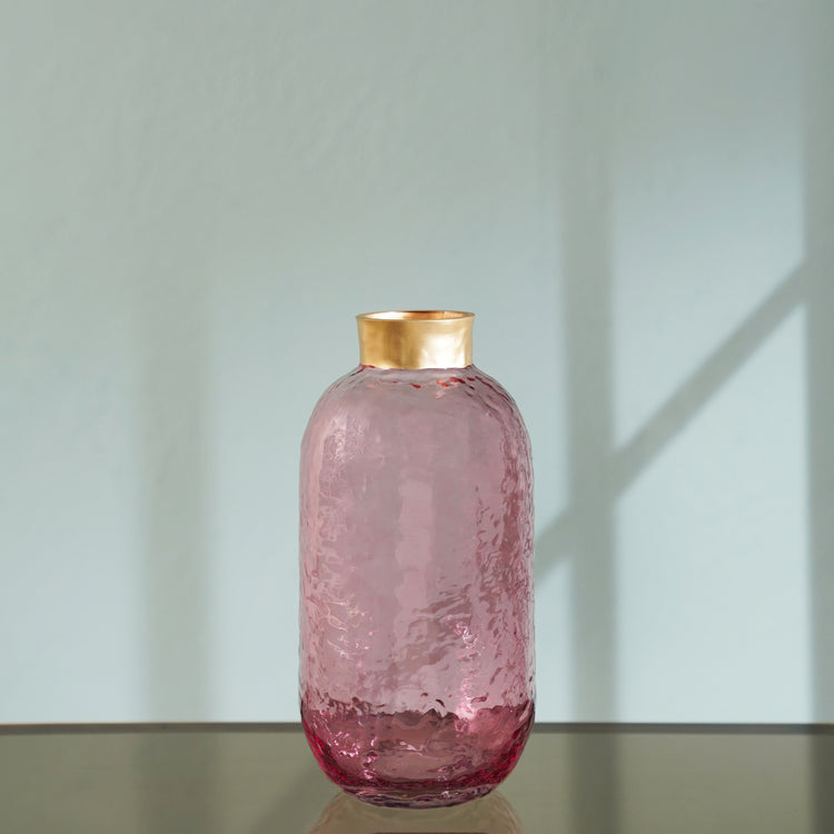 Shop Pink Round Hammered Glass Vase with Gold Rim - Large - at Best ...