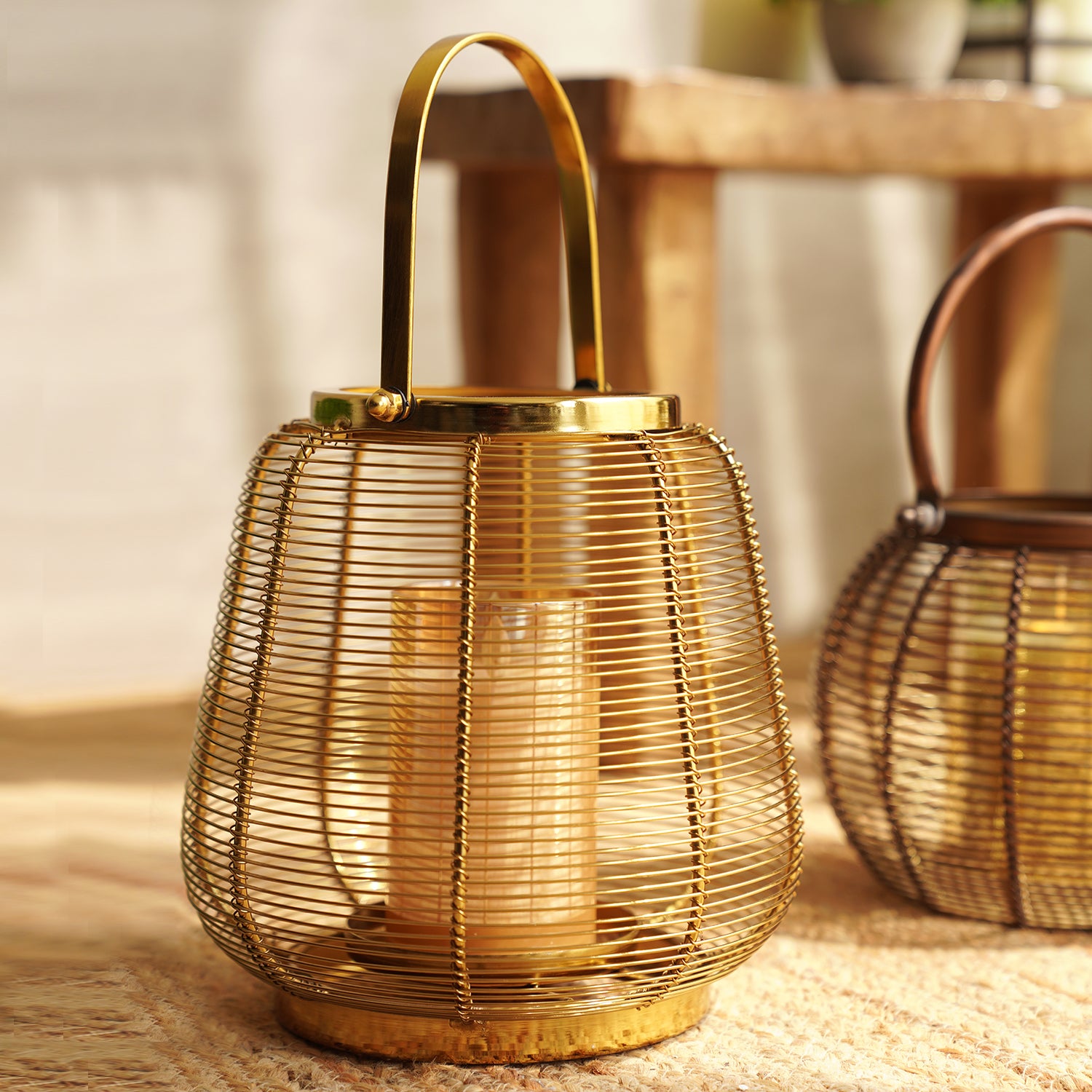 Gold Metal Round Lantern with Glass - Small