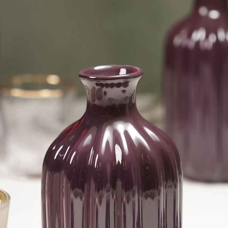 Dark Purple Ribbed Tall Ceramic Vase - Small