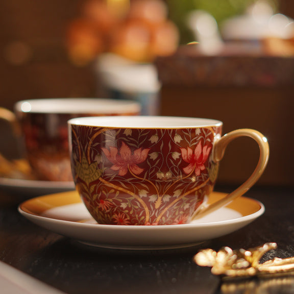 Set Of 2 Burgundy Bone China Floral Tea Cups & Saucers