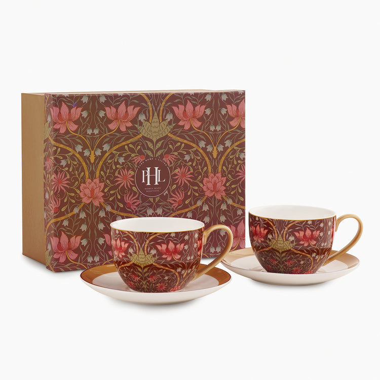 Set Of 2 Burgundy Bone China Floral Tea Cups & Saucers