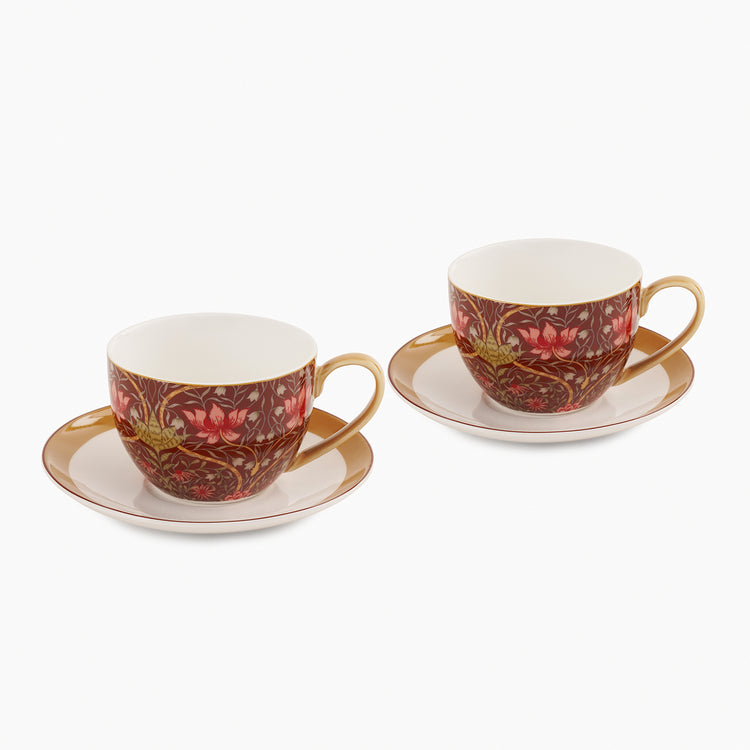 Set Of 2 Burgundy Bone China Floral Tea Cups & Saucers