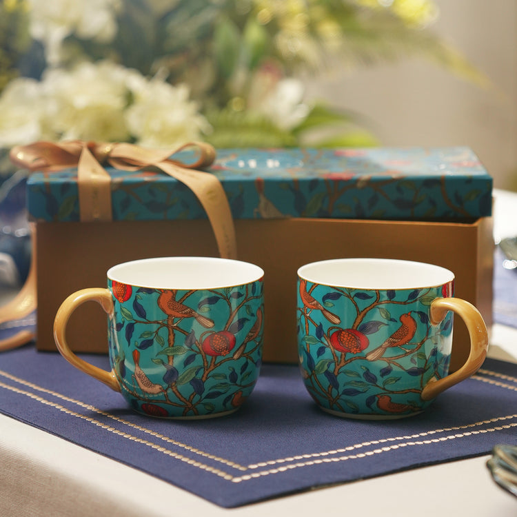 Shop Set of 2 Teal Bone China Floral Pattern Coffee Mugs - at Best ...