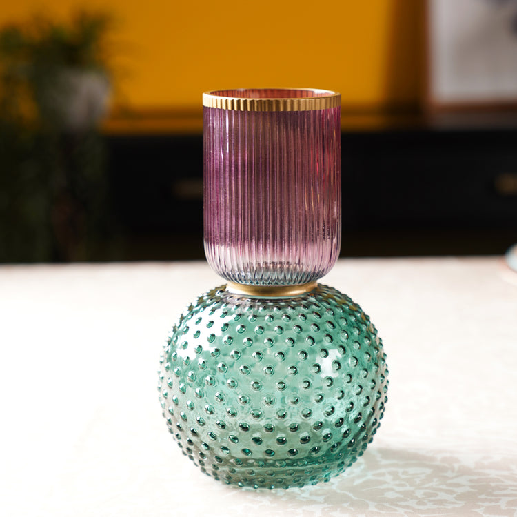 Green & Pink Double Shaped Colourblocked Glass Vase