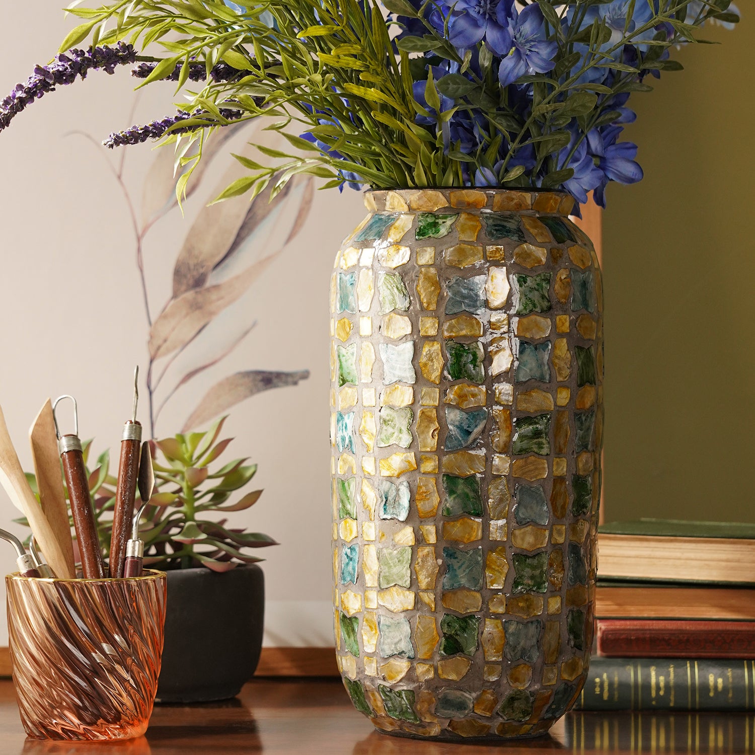 Blue & Green Geo Pattern Capiz Shell Ceramic Vase - Large