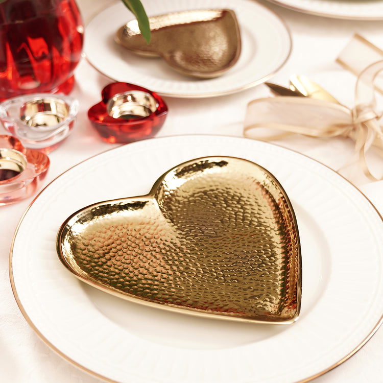 Gold Heart Shaped Hammered Metal Platter - Large