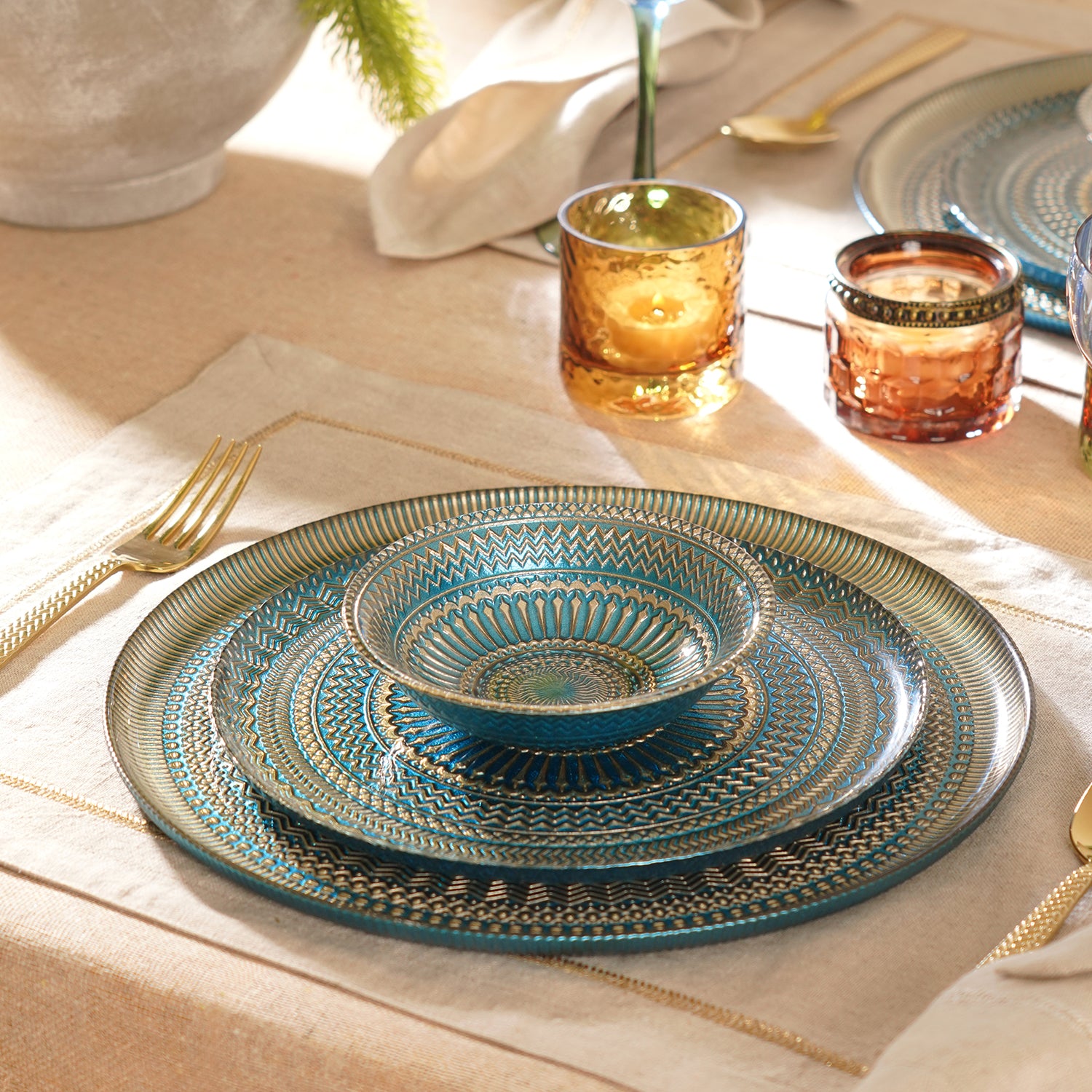 Set of 2 Blue Embellished Small Glass Bowls