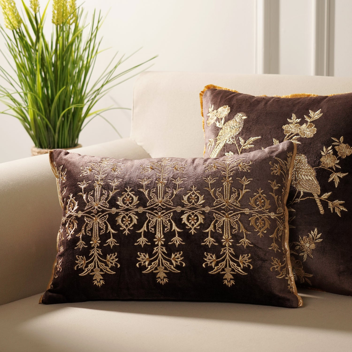Purple Gold Embroidered Velvet Rectangle Cushion Cover