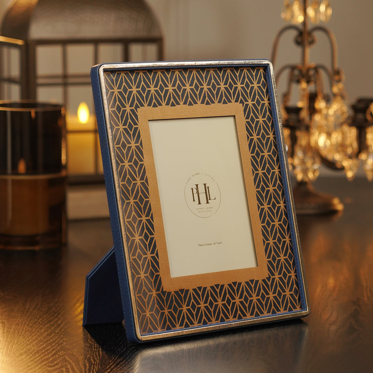 Blue Printed Glass Fuax Leather Photo Frame