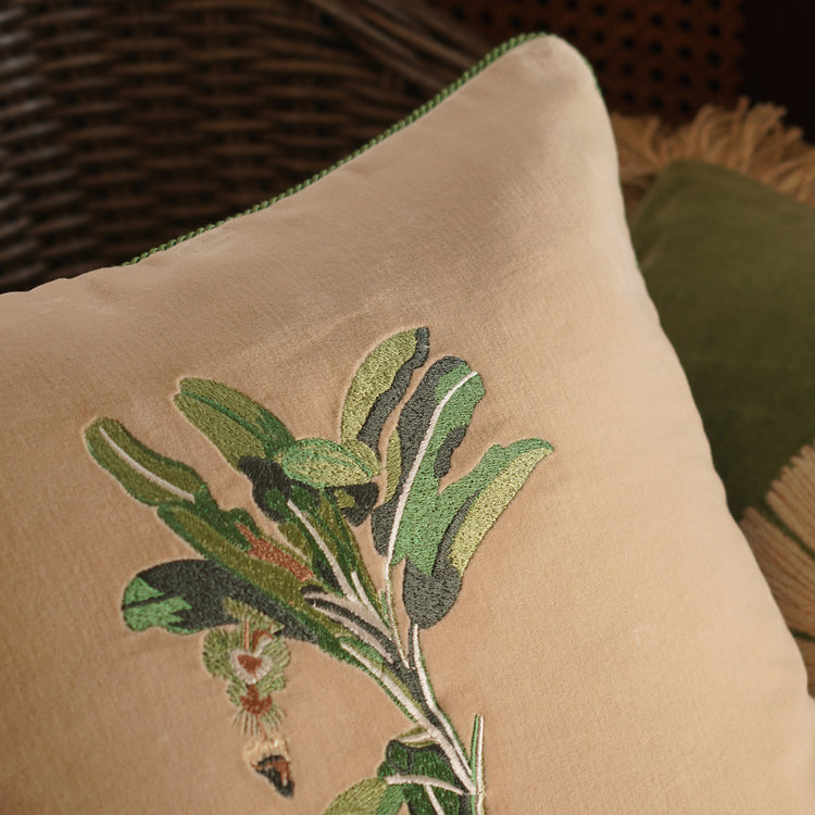 Beige Green Palm Print Cushion Cover