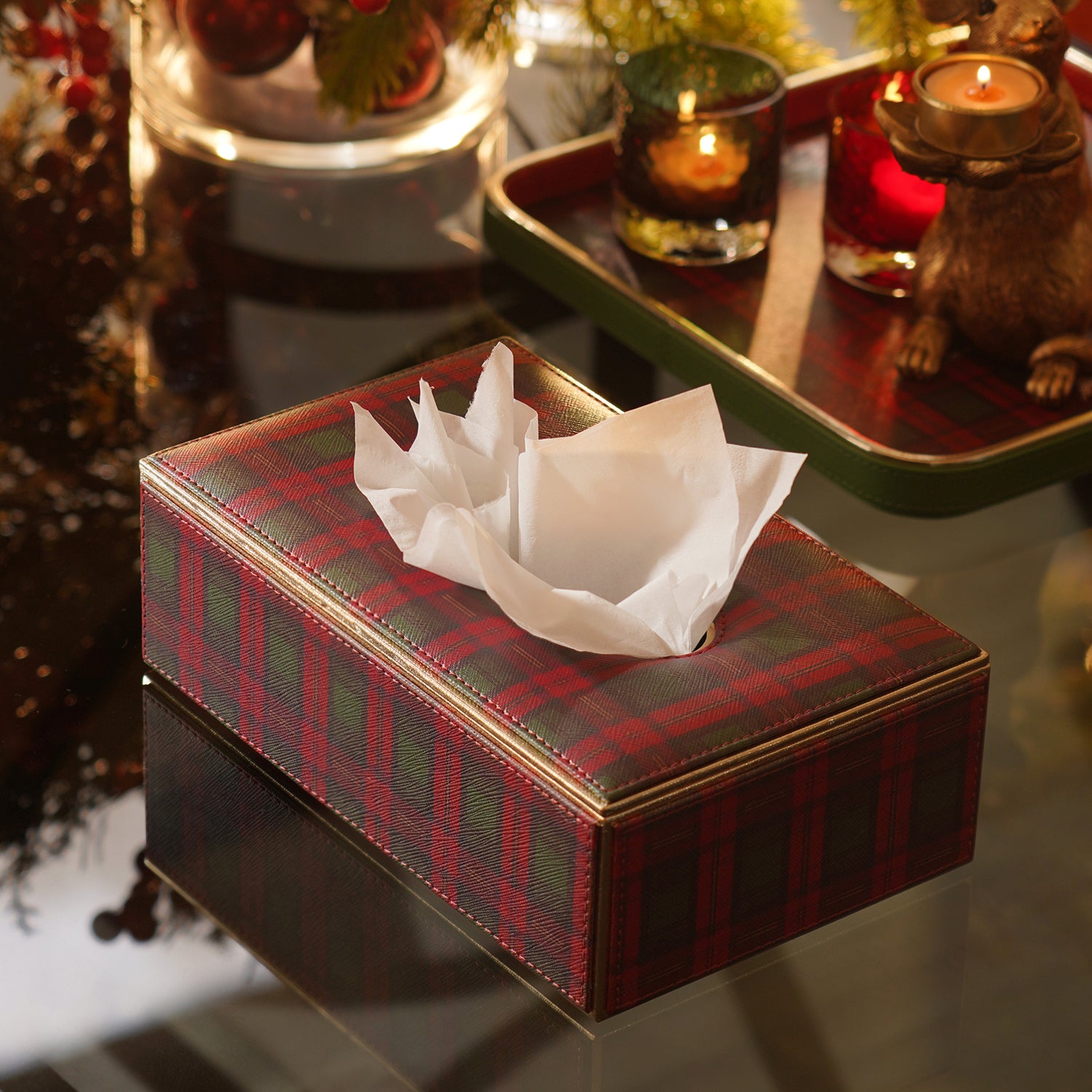 Red Green Plaid Faux Leather Tissue Box