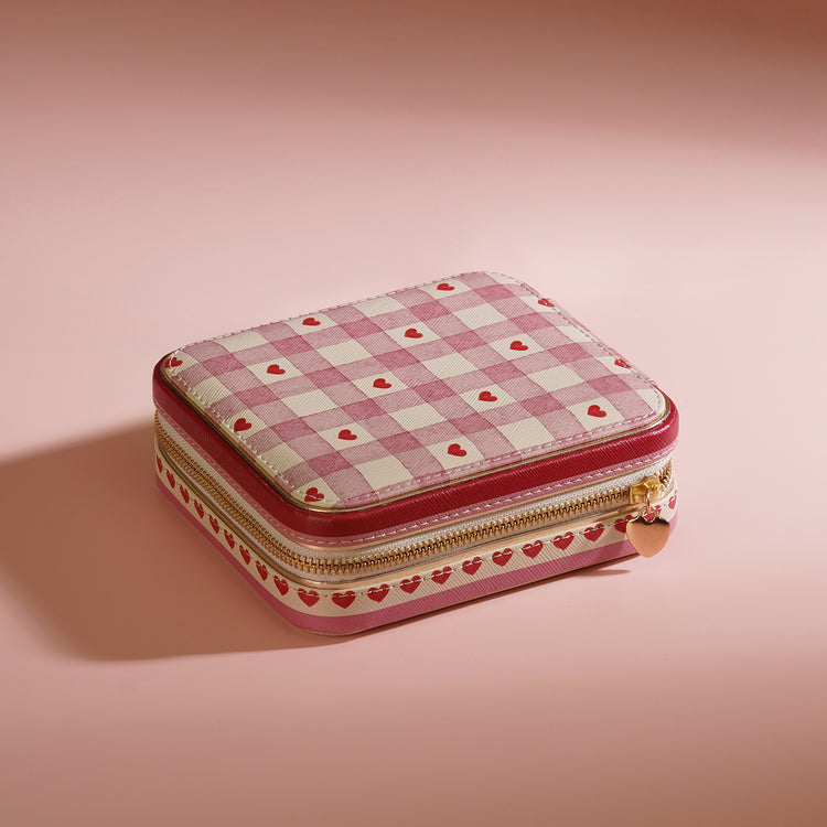 Pink Red Heart Print Faux Leather Zippered Jewellery Box