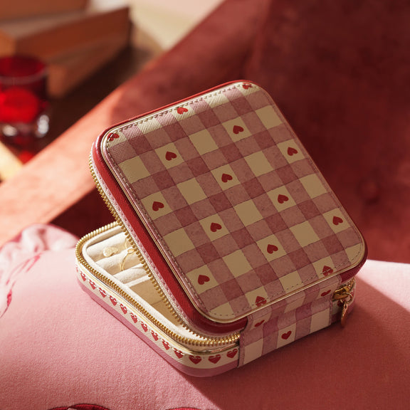 Pink Red Heart Print Faux Leather Zippered Jewellery Box