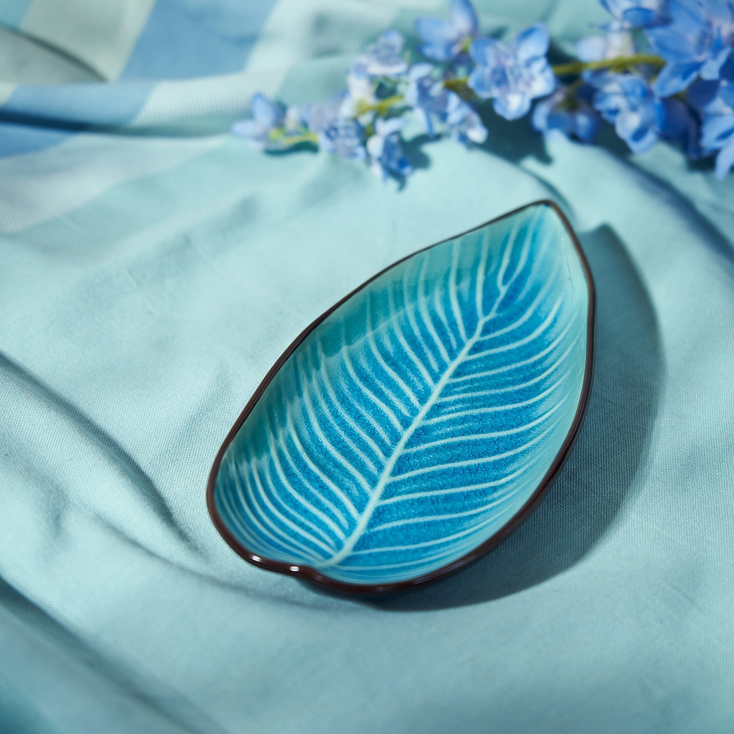 Light Blue Crackled Leaf Ceramic Platter