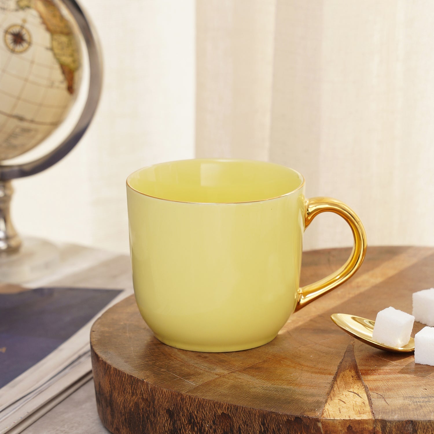 Set Of 2 Yellow Porcelain Coffee Mugs With Gold Handle