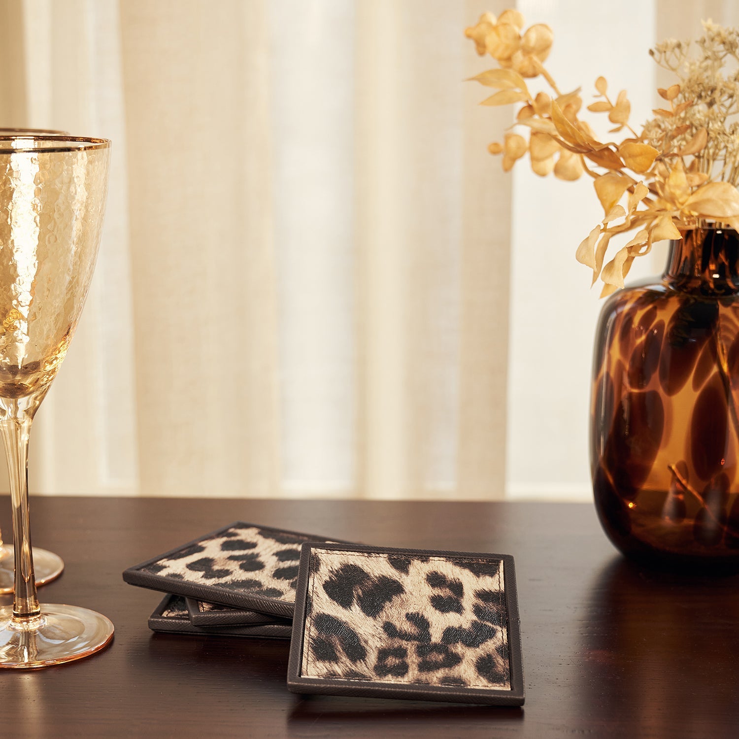 Set Of 4 Leopard Print Faux Leather Coasters