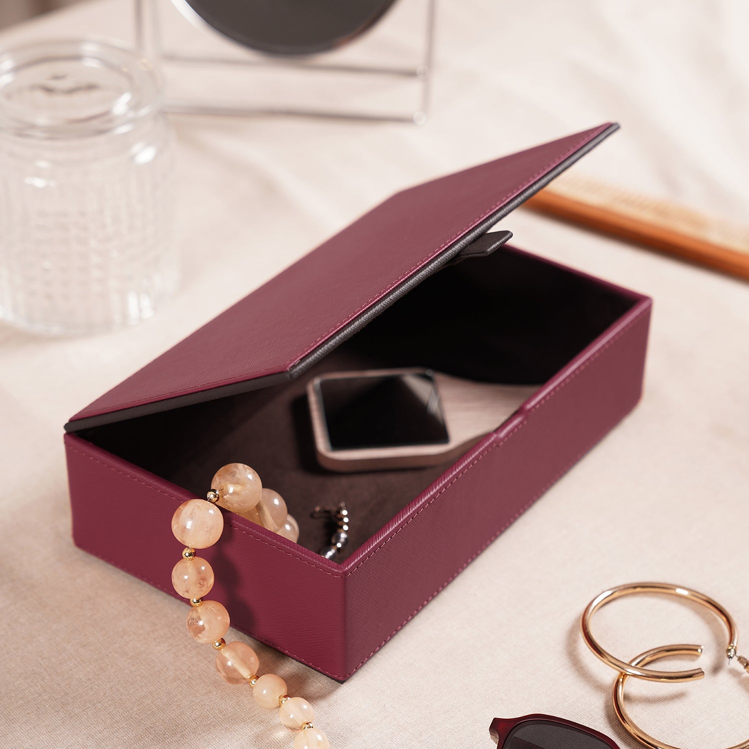 Red Faux Leather Box with Lid - Large