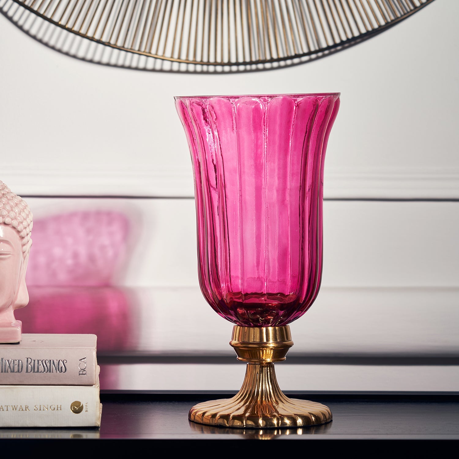 Shop Pink Ribbed Glass Hurricane with Stand - at Best Price Online in India